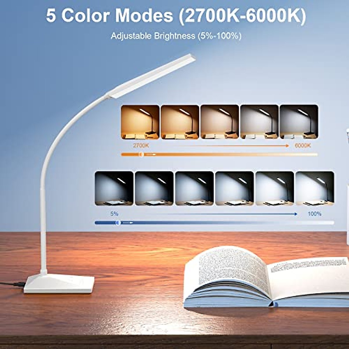 MONGERY LED Desk Lamp, Eye-Caring Table Lamps with USB Charging Port,7 Brightness Levels & 5 Color Modes,Touch Control and Memory Function,7W Flexible Gooseneck Reading Lamp for Home Office, White