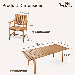 PHI VILLA 9 PCS Acacia Wood Outdoor Dining Set for 8, Teak Rectangle Wooden Table & Dining Chairs with Wicker Seat and Back, Farmhouse Dining Furniture Set for Patio, Deck, Yard, Porch