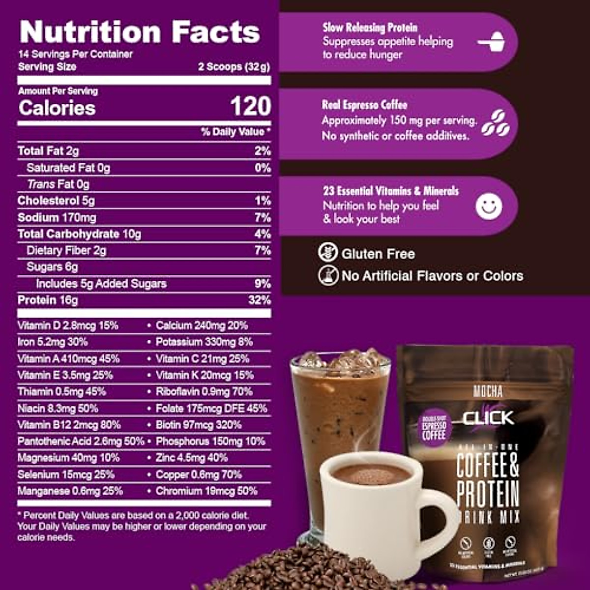 Click Coffee Protein, Protein & Real Coffee All-in-One, Meal Replacement Nutrition Drink, Mocha Flavor, 23 Essential Vitamins, Double Shot Espresso Coffee, Hot or Cold, 15.8-Ounce
