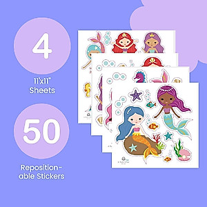 Mermaid Wall Decals Girls Bedroom and Bathroom Decor, 50 Peel and Stick Multicultural Mermaid Stickers for Girls, Includes 4 Sheets 11x11 inches Each Fun Reusable Decals