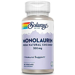 SOLARAY Monolaurin 500mg Immune Support Supplement, from Natural Coconut, Helps Maintain Immune & Gut Health & a Balanced Gut Flora, 60-Day Money Back Guarantee, 60 Servings, 60 VegCaps