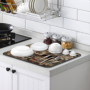 Rustic Cabin Lodge Bear Tree Dish Drying Mat for Kitchen Countertop, Absorbent Dishes Drainer Fast Drying, Drying Mat 18 X 24 Inch