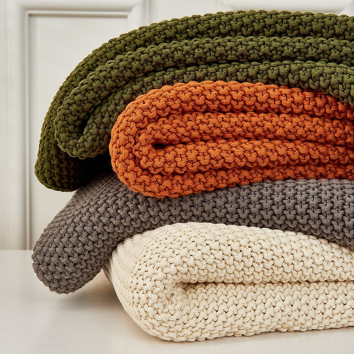 Longhui bedding Chunky Cable Knit Throw Blanket Lightweight Cream 100% Organic Cotton Blanket for Sofa Couch Bed Baby Nursery, Rustic Shabby Chic Modern Farmhouse, 51” x 63” Give Laundering Bag