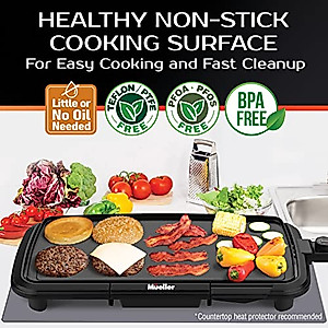 Mueller HealthyBites Eco Nonstick 20 Inch Electric Griddle Teflon-free, 10 Eggs at Once, Cool-Touch Handles and Slide-Out Drip Tray, for Breakfast Pancakes, Burgers, Eggs, Black