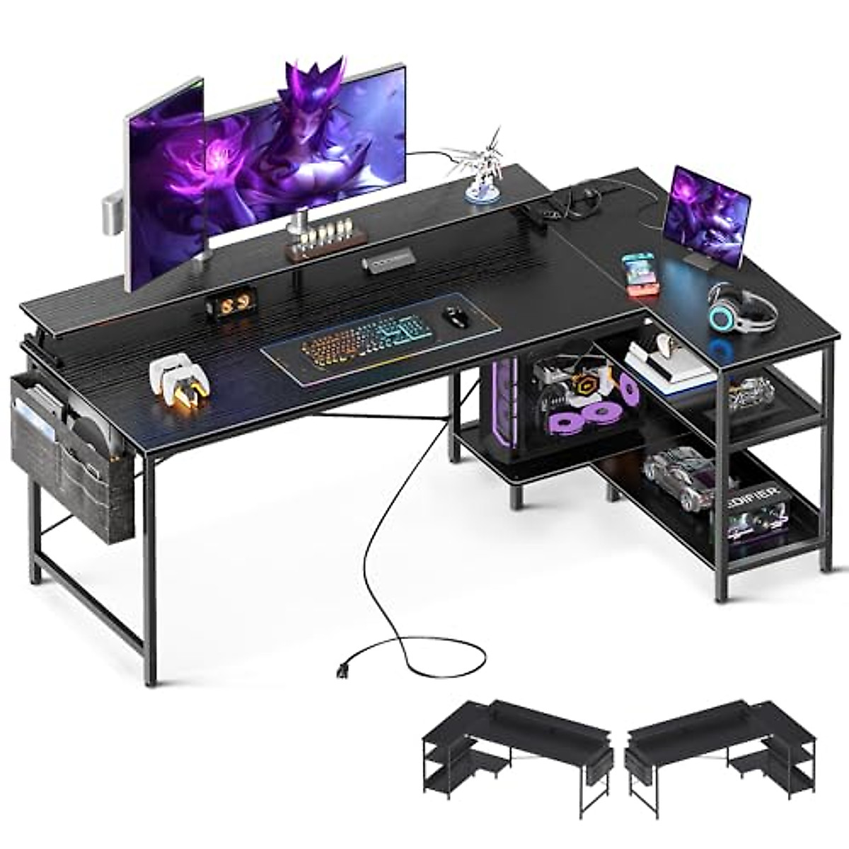 ODK L Shaped 66 Inch Computer Desk with USB Charging Port & Power Outlet, L-Shaped Gaming Desk with Storage Shelves & Monitor Shelf for Home Office Workstation, Modern Writing Table, Black