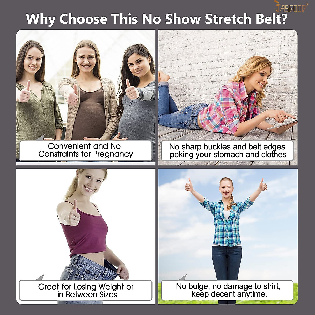 JASGOOD No Show Women Stretch Belt Invisible Elastic Web Strap Belt with Flat Buckle for Jeans Pants Dresses