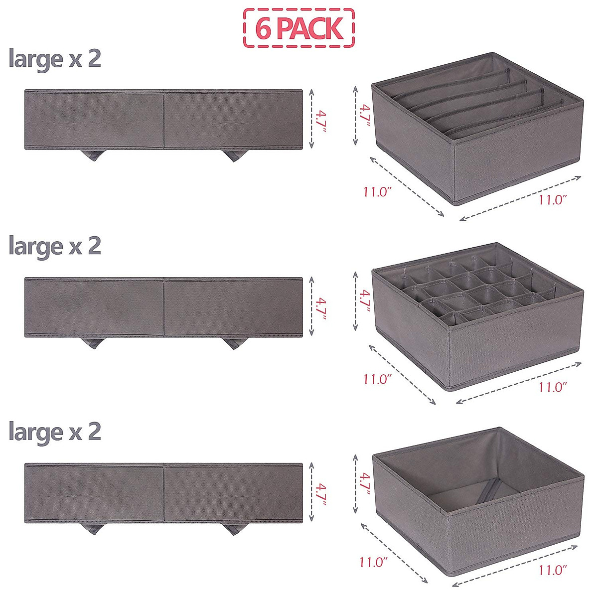 DIOMMELL 6 Pack Foldable Cloth Storage Box Closet Dresser Drawer Organizer Fabric Baskets Bins Containers Divider for Clothes Underwear Bras Socks Lingerie Clothing, M Grey 22-2000