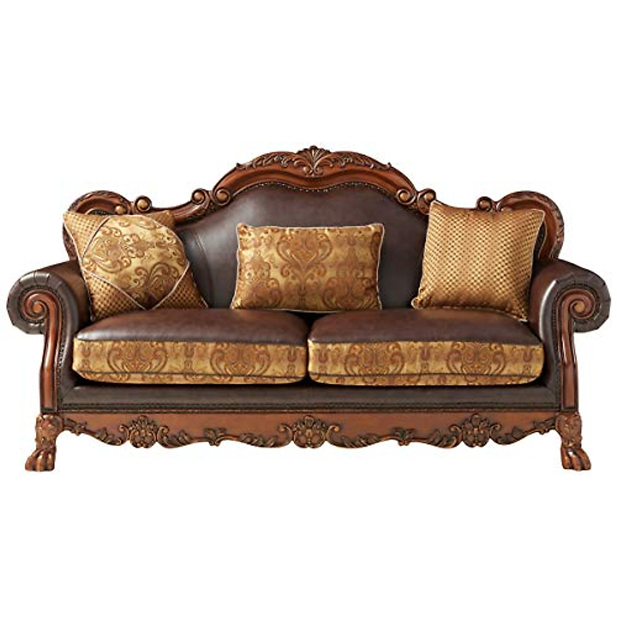 ACME Dresden Sofa w/3 Pillows - 15160 - Brown PU & Chenille - Cherry Oak