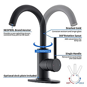 Matte Black Single Handle Bathroom Sink Faucet, 360° Swivel Spout Bar Sink Faucet with Deck Plate 4 Inch Centerset Black Bathroom Faucet with Pop-Up Drain Black Bathroom Lavatory Vanity Faucet