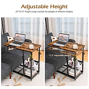 Tangkula Height Adjustable C Shaped End Table with Lockable Wheels, Mobile Couch Desk Table with Tiltable Table Top, Sofa Bedside Laptop Stand TV Tray with Storage Shelves, Snack Side Table