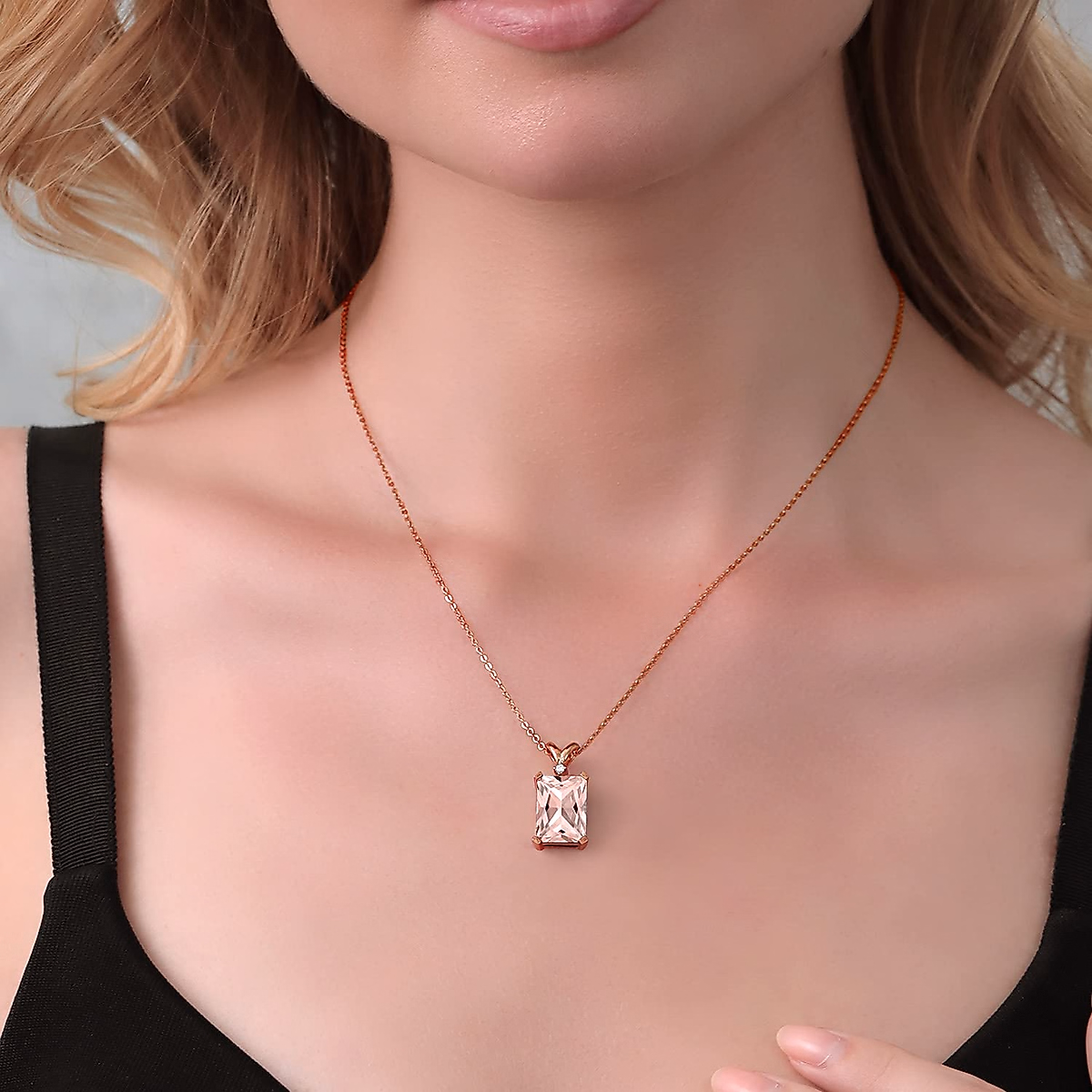 Gem Stone King Peach Nano Morganite and White Diamond 18K Rose Gold Plated Silver Pendant Necklace For Women (6.32 Cttw, with 18 Inch Chain)