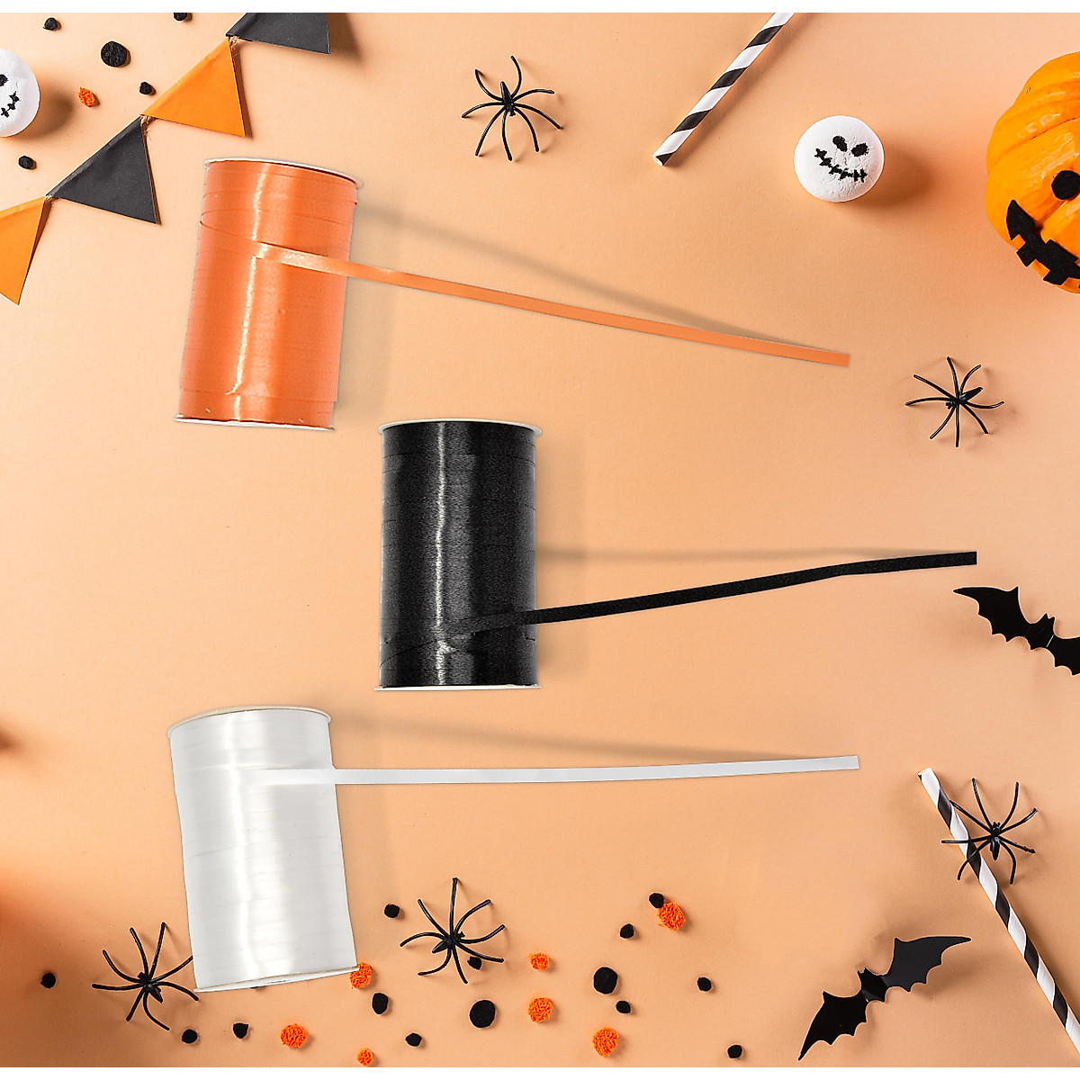 Halloween Curling Ribbon Pack of 3 Spool Orange150 Yard Per Roll Black White Curly Balloon String Ribbons Holiday Gift Wrapping Florist Party Crafts