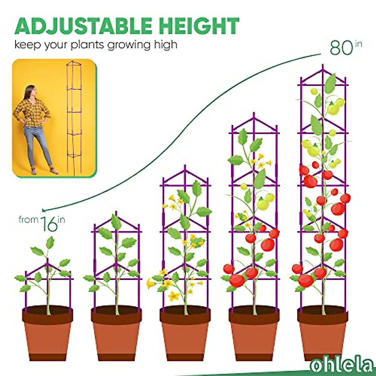 Large Tomato Cages for Garden - 48 Inches, 3-Pack Multifunctional Purple Tomato Plant Support for Vine, Vegetables, Fruits & Flowers with Adjustable Stake Arms - Non-Rusting with 20pcs Plant Clips