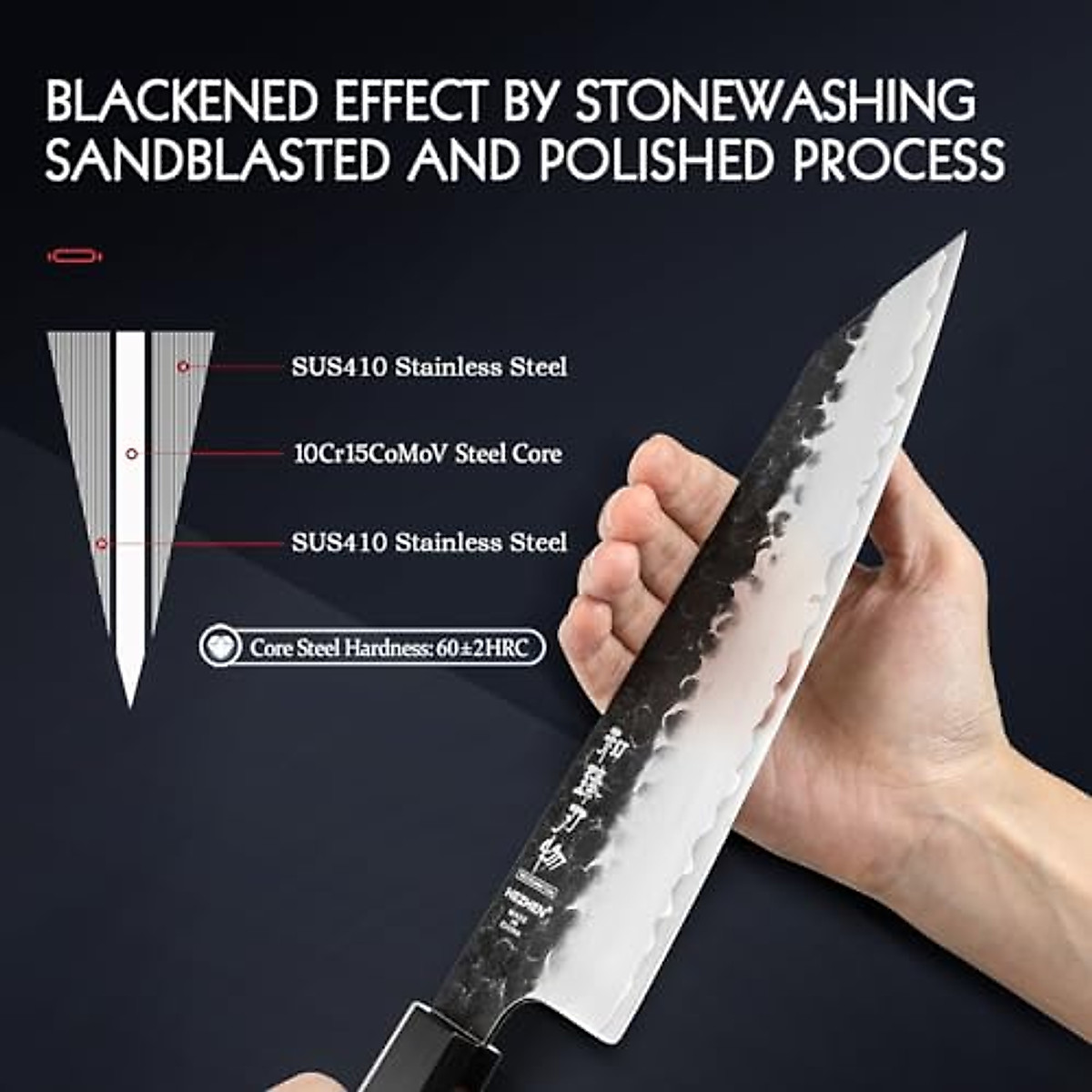 HEZHEN- 8.5” Chef Knife, 3 Layers High Carbon Clad Steel Kiritsuke Knife, Composite Forging Steel, Professional Japanese Kitchen Knife, Redwood Octagonal Handle With Wooden Knife Sheath