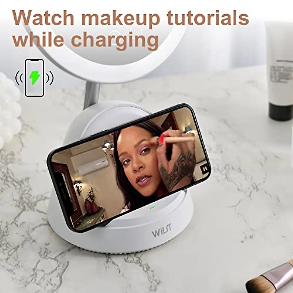 WILIT Vanity Mirror with Lights, Lighted Makeup Mirror with Detachable Magnification Mirror, 8.27 Inch 72 Premium LED Lights, 3 Colors 3 Levels Brightness Desk Cosmetic Mirror with Wireless Charger