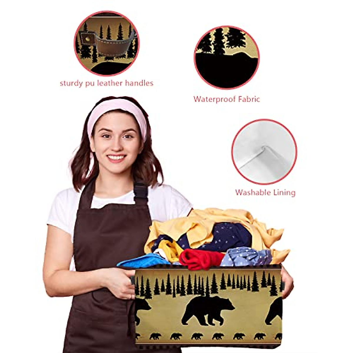 Storage Cubes Organizer with Handles, Black Forest Bear Animal Silhouettes on Retro Backdrop Storage Bins Fabric Collapsible Storage Baskets for Shelf Closet Nursery Cloth Organizers Box 1pcs
