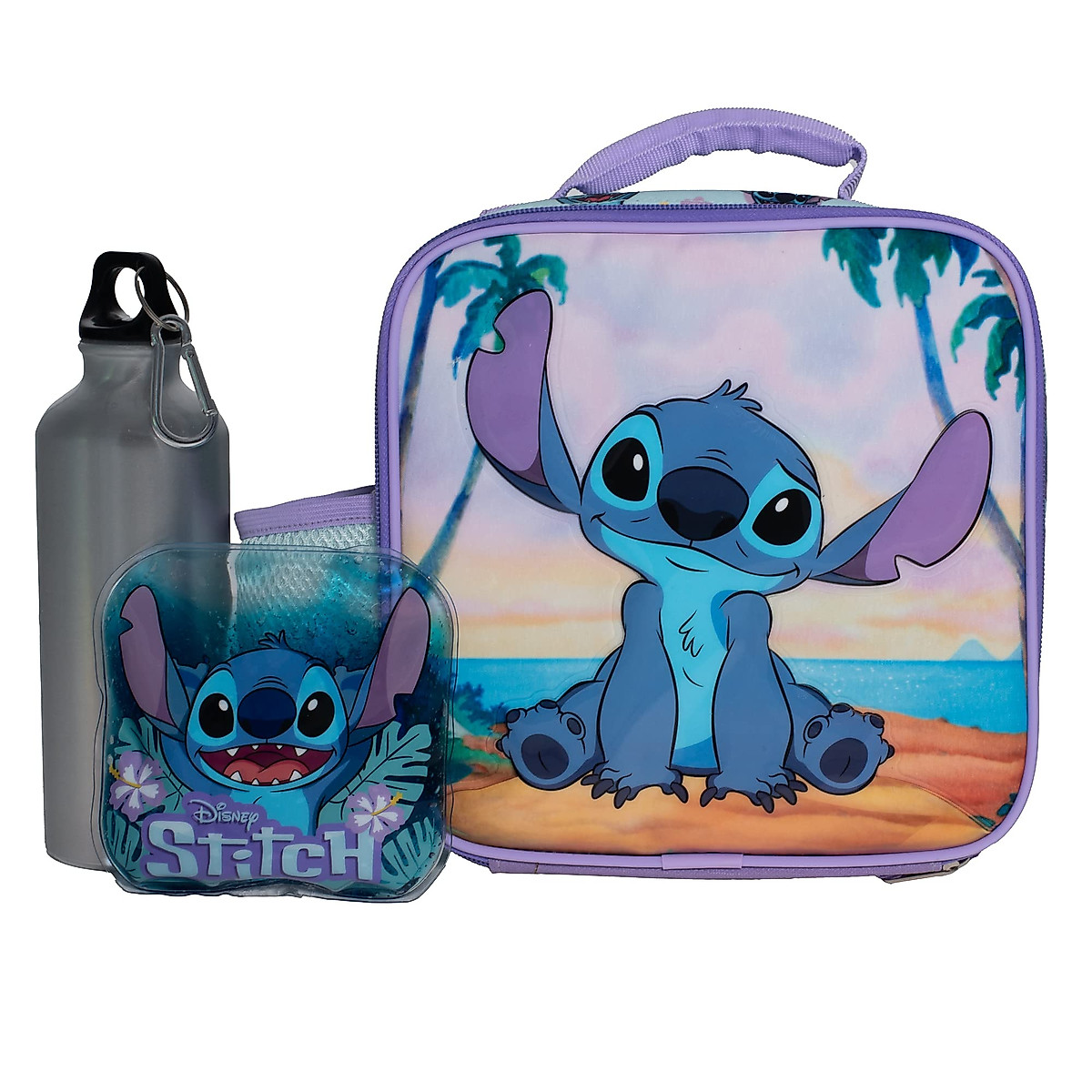 Disney Stitch Lunch Box Set for Boys & Girls, Stainless Steel Water Bottle with Carabiner Clip and Ice Pack, Insulated & Waterproof Lunch Bag with Zipper, 4 Pieces