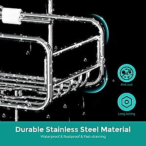 HAMITOR Adjustable Large Shower Organizer with Soap Holder - Rust Proof Bathroom Shelf Shampoo Storage Rack with 3-Tier Baskets - 4 Movable Hooks for Razor Loofah Silver