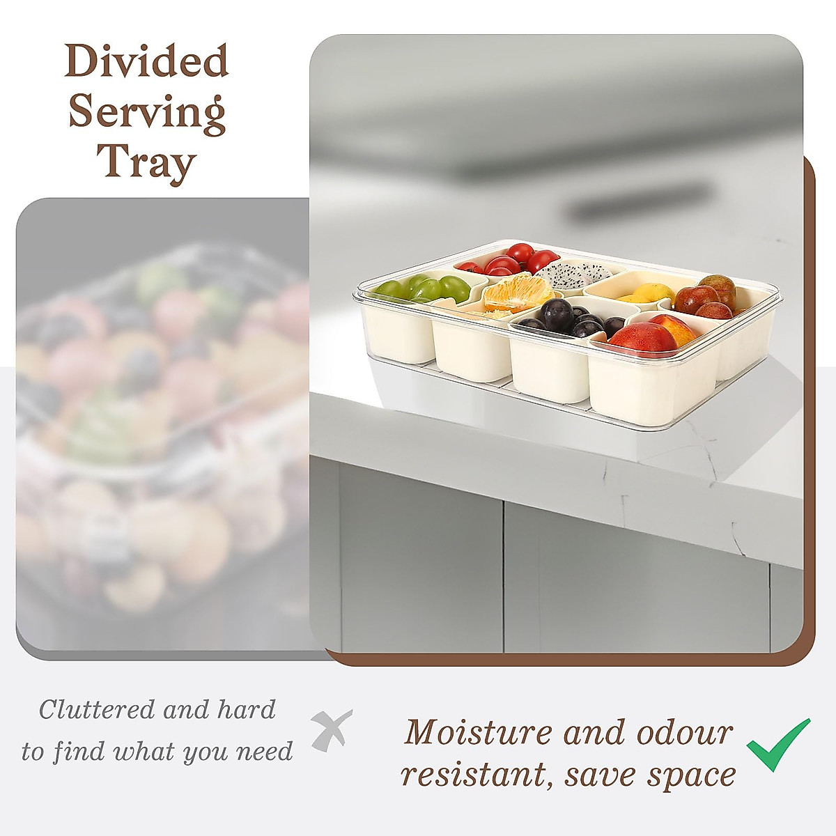 ALYBIT Divided Serving Tray with Lid and Handle - Snackle Box Charcuterie Container for Portable Snack Platters - Clear Organizer for Candy, Fruits, Nuts, Snacks - Perfect for Party, Entertaining