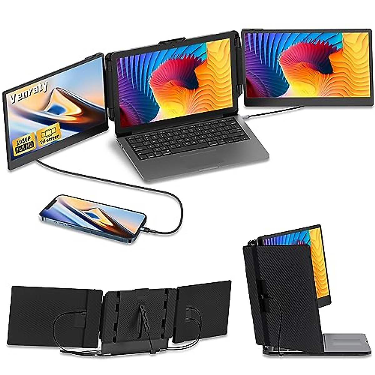 Venraty 14'' Laptop Screen Extender, Portable Monitor Screen Extender for Laptop, Full HD IPS Display&Dual Triple Monitor Extender Compatible with 13”-17” Laptops (Triple 14")
