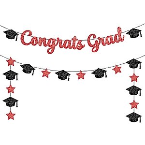 KatchOn, Glitter Congrats Grad Banner Red and Black - 10 Feet | Black and Red Graduation Banner, Grad Cap Garland for Graduation Decorations Class of 2024 | Red and Black Graduation Decorations 2024