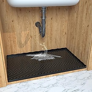 PELTEFLU Under Sink Mat, 34" x 22" Waterproof Under Sink Mats for Kitchen Bathroom, Flexible Silicone Rubber Under Sink Liner with Drain Hole, Thick Under Sink Mat Protect for Drips Leaks - Black