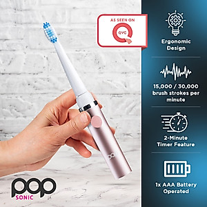 Pop Sonic Electric Toothbrush (Metallic Rose) - Travel Toothbrushes w/AAA Battery | Kids Electric Toothbrushes with 2 Speed & 15,000-30,000 Strokes/Minute, Dupont Nylon Bristles