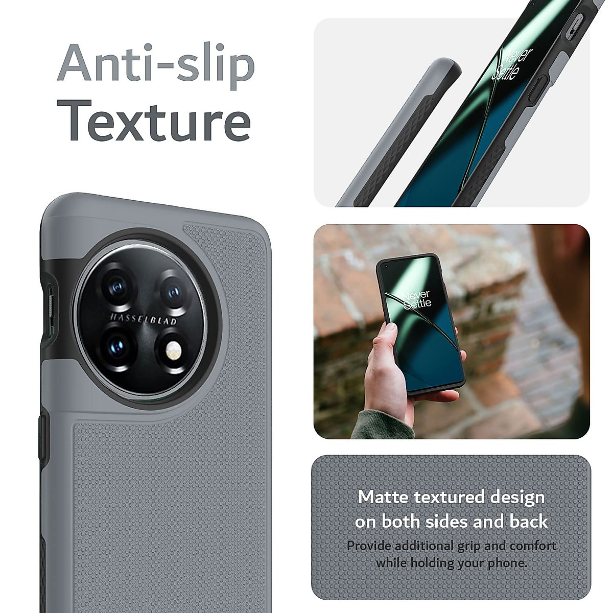 TUDIA DualShield Grip Designed for OnePlus 11 Case 5G (2023), [MergeGrip] Dual Layer Shockproof Slim Military Grade Non-Slip Tough Heavy Duty Protective Phone Case Cover - Gray