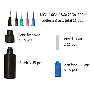 15 Packs 20ml Luer Lock Bottles Glue Henna Jagua Dispensing Bottles with Luer Lock Caps, Blunt Needles and Needle Caps (Opaque Black)