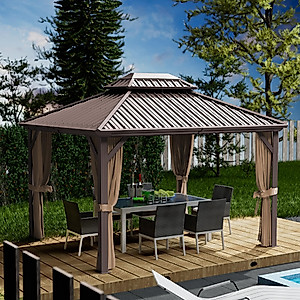 Kozyard 10'x12' Hardtop Gazebo - Permanent Metal Pavilion with Netting and Shaded Curtains for Patio, Backyard, and Deck - Galvanized Steel Outdoor Aluminum Canopy, Double Roof Gazebo (Brown)