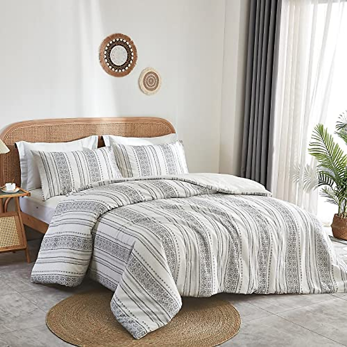 MOVE OVER Gray Jacquard Comforter Set Boho Comforter Set Queen 300TC 100% Yarn Dyed Cotton Bohemian Paisley Flower Design Boho Textured Stripes Jacquard Tufted Comforter Set