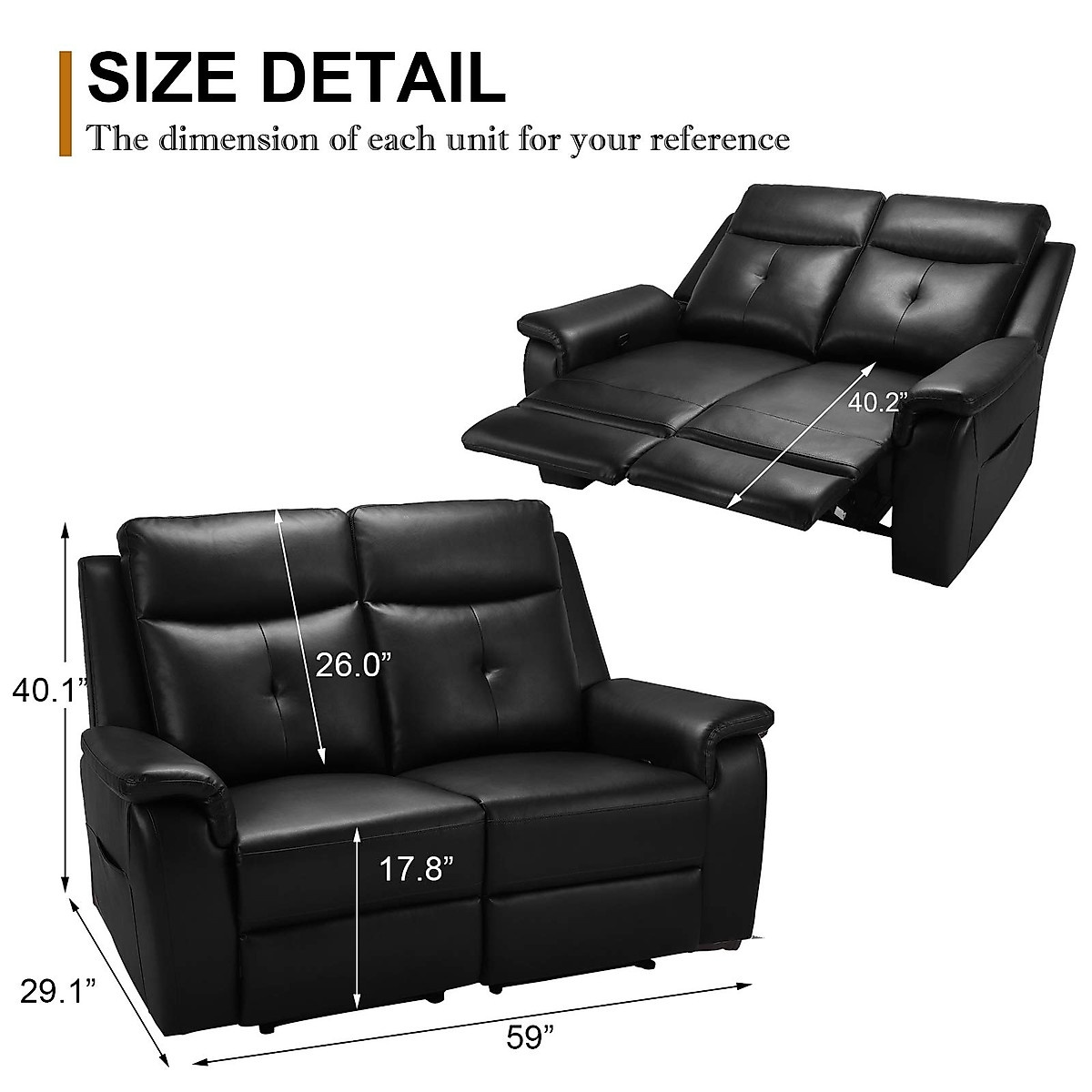 VUYUYU 2 Seater Recliner Sofa - Double Reclining Loveseat with Massage & Heating - PU Leather Home Theater Seating Manual Recliner Motion Living Room Chair (Black)