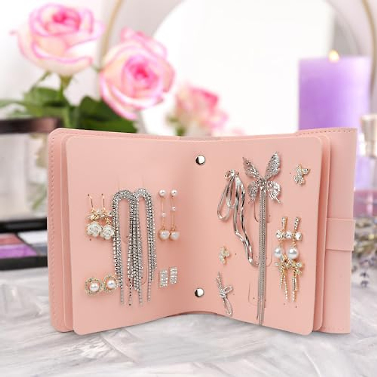 Fangoo Earring Book Organizer Stud Earring Storage Case Travel Small Earring Holder Organizers Display Portable Earring Binder Pu Leather Capable to Hold 42 Pairs (Pink