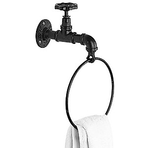 MyGift Industrial Faucet Pipe Metal Black Towel Ring, Wall Mounted Hand Towel Holder Hanging Rack