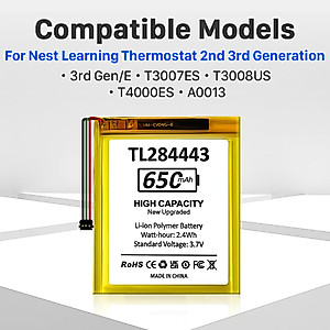 TL284443 Battery, 650mAh (2024 Upgraded) High Capacity Li-ion Polymer Replacement Battery for Nest Learning Thermostat 2nd 3rd, fit T3007ES,T3008US, T4000E Smart Home Battery with Repair Tool Kits