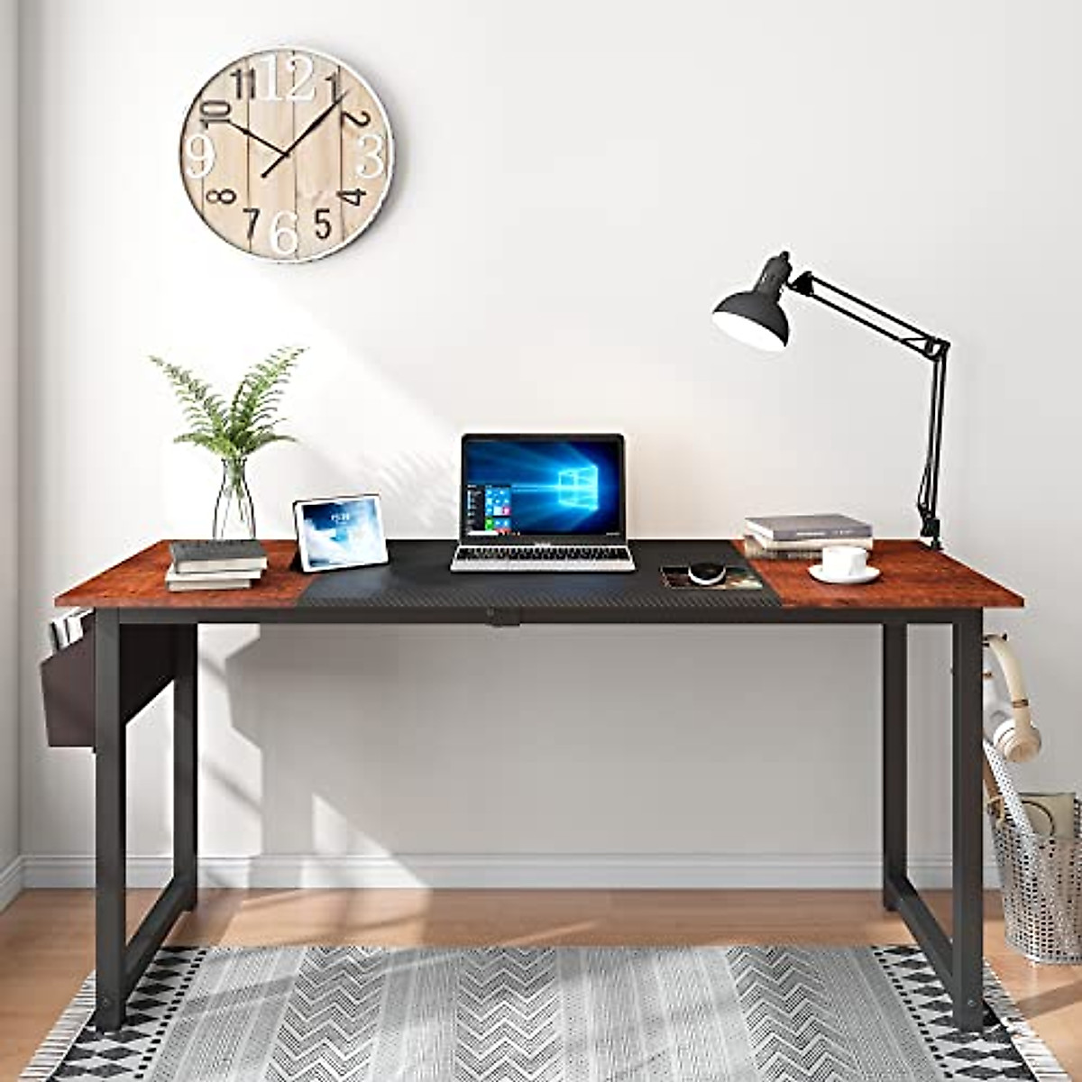 Decoholic 63 Inch Home Office Computer Two-Color Panel Desk with Storage Bag and Hook, Black, Sandalwood Color, Industrial Modern Laptop Desk