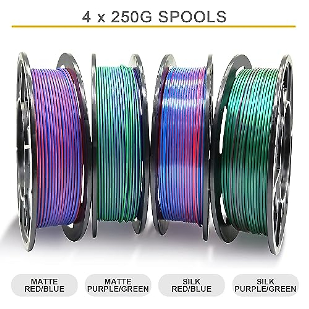 Reprapper 4X 250g Color Pack, Dual Color Filament Coextrusion PLA Filament 1.75mm for 3D Printer & 3D Pen, 4 x 250g Spools Matte Red/Blue, Matte Purple/Green, Silk Red/Blue, Silk Purple/Green