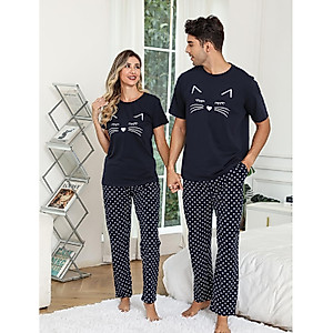 EISHOPEER Women's Pajama Set Printed Short Sleeve Top & Long Pants Sleepwear Pjs Sets Navy Blue XS
