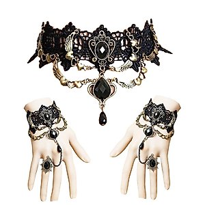 Jurxy Lace Choker Necklace with Bracelet Set Punk Party Gothic Vintage Handmade Retro Victorian Vampire Punk Pendant Necklace Bracelet Wristband for Women Black– Style 2