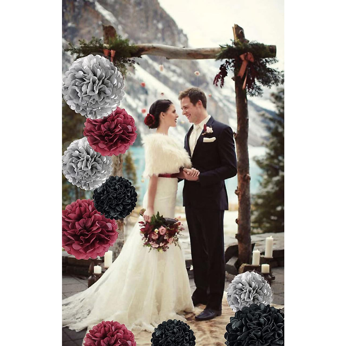 9PCS Maroon Burgundy Black Silver Tissue Paper Flowers Hanging Pom Poms Wall Backdrop Streamers for Graduation Bridal Wedding Shower Bachelorette Retirement Party Décor