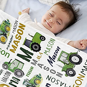 Custom Tractor Blanket with Name for Boys Girls Kids, Personalized Name Blanket Trucks, Soft Flannel Blankets Customized Gift for Children Day Birthday Christmas-40 x50