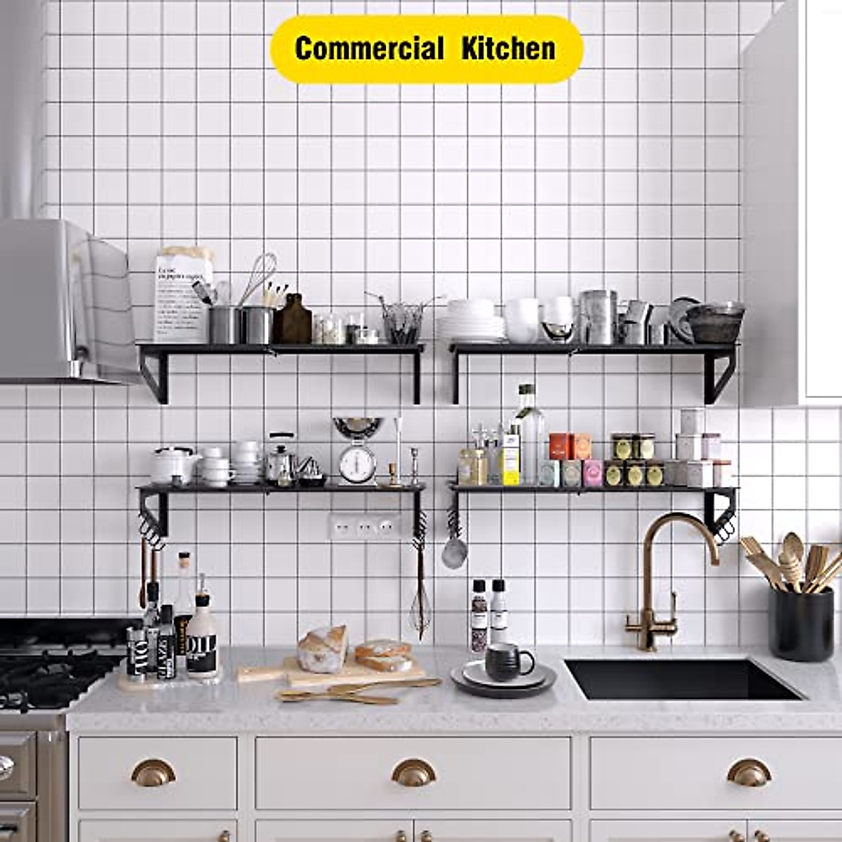 Adjustable Metal Wall Shelves, 8"x18.5"~31.5" ,120lbs Load Heavy Duty Wall Mount Storage Shelves w/ Shelf Bracket for Kitchen, Garage, Hotel, Restaurant, Bar and Utility Room (Black, 8"x18.5"~31.5")