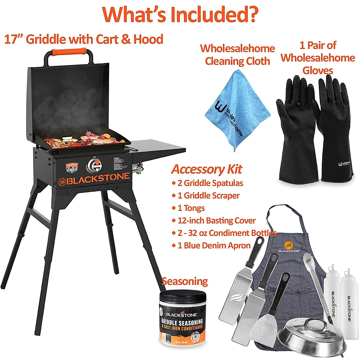 17 inch Blackstone Griddle with Hood and Cart, Flat Top Grill Propane Powered Portable Gas Grill for Camping and Outdoor BBQ Grill with Blackstone Accessories Kit, Cast Iron Seasoning,