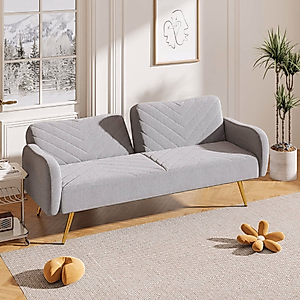 70“ Futon Bed with Mattress Included,Futon Couch Sofa Bed w/ Split Backrest and 2 Throw Pillows,Convertible Loveseat Sleeper w/ Gold Metal Legs and Arms for Living Room Bedroom Small Space (Grey)