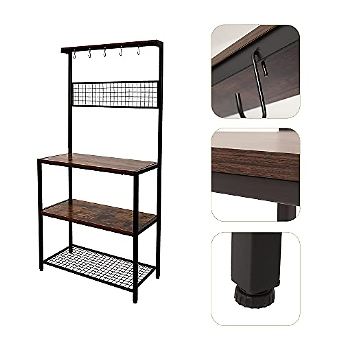 AZL1 Life Concept Industrial Kitchen Rack Cupboard with 10 Hooks, Mesh Panel, 3 Shelves, and Adjustable Feet, for Microwave Oven Cooking Utensils, 33.1 inches, Rustic Brown