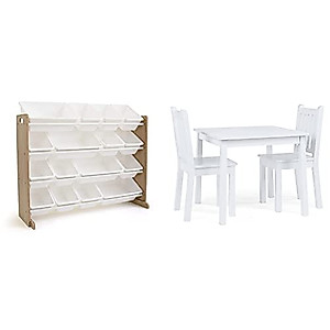 Humble Crew Extra-Large Toy Organizer, 16 Storage Bins, Universal, Natural/White & Humble Crew, White Kids Wood Square Table and 2 Chairs Set