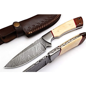RANDY Damascus Steel Hunting Knife Best Damascus Skinning for Hunting and Camping Knife With Leather Sheath (9022) Over all 9 inches