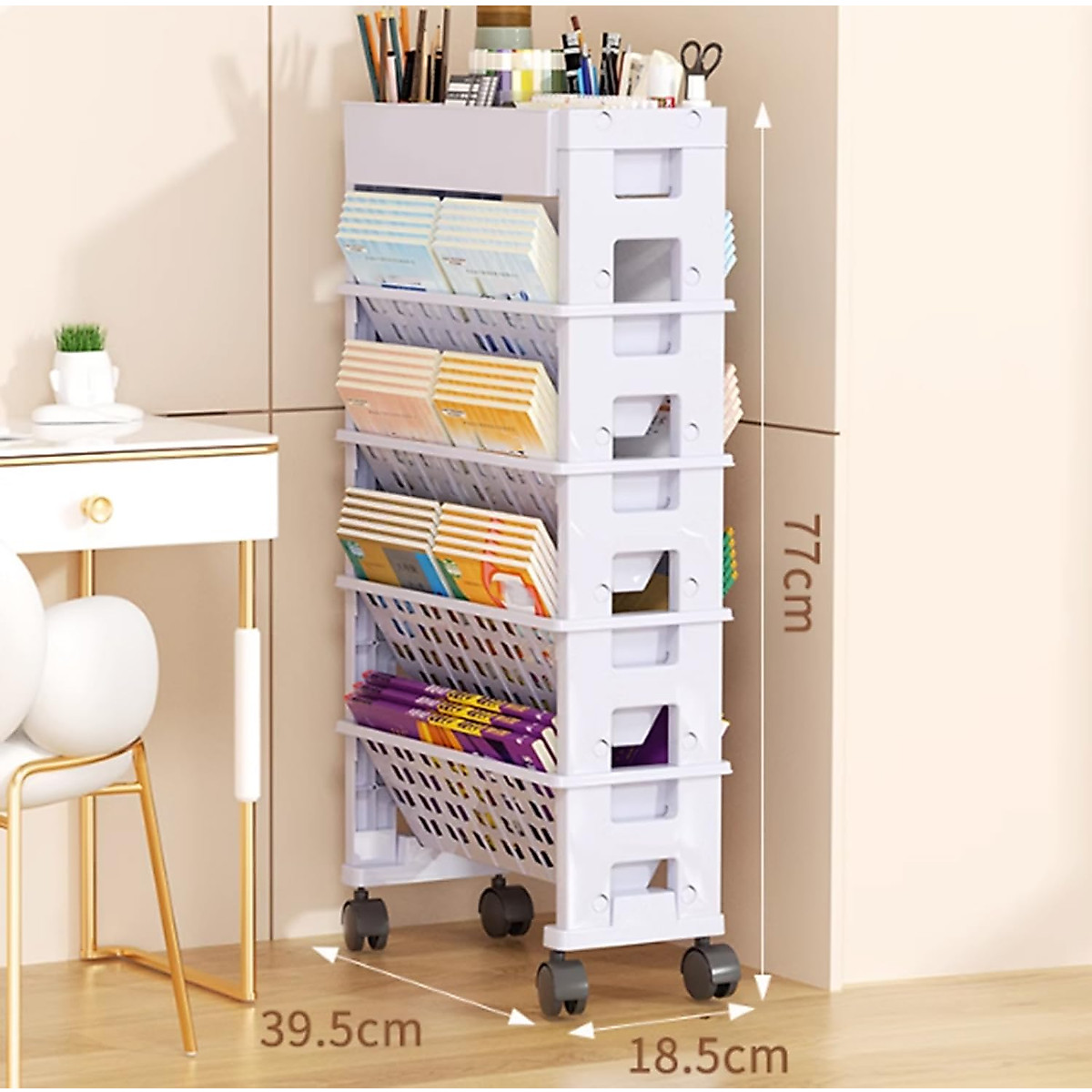 5 Tier Book Rack Storage Bookshelf, Movable Unique Bookcase, Large Capacity Utility Organizer White Bookshelves for Children Students Study in Bedroom Living Room Home School,White