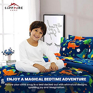 Sapphire Home 6 Piece Dinosaur Twin Bedding Set for Boys, Bed in a Bag, Kids Comforter Set with Bed Sheets, Pillow Case, Toy Pillow, Toddler Bedroom Kit, Dinosaur Room Decor for Boys, Twin Size