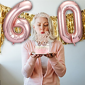 8pcs 60th Birthday Gifts Decorations for Women, Including 60th Happy Birthday Cake Toppers, Birthday Queen Sash with Pearl Pin, Sweet Rhinestone Tiara Crown, Number Candles and Balloons Set, Rose Gold